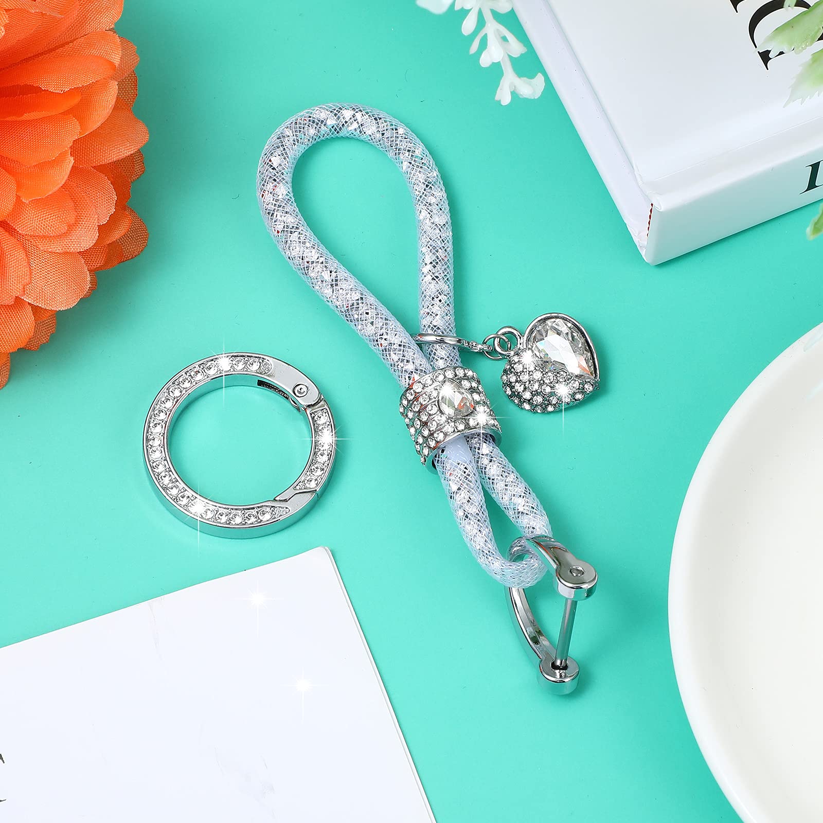 Crystal Car Keychain Bling Keychain Accessories Glitter KeyRing Strap with Heart Charm Key Decorations for Women Auto (Silver)