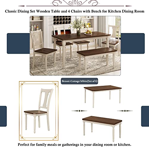 Lifeand Piece Wooden Table and 4 Chairs with Bench for Kitchen Room (Brown+Cottage White), Classic Dining Set for 6