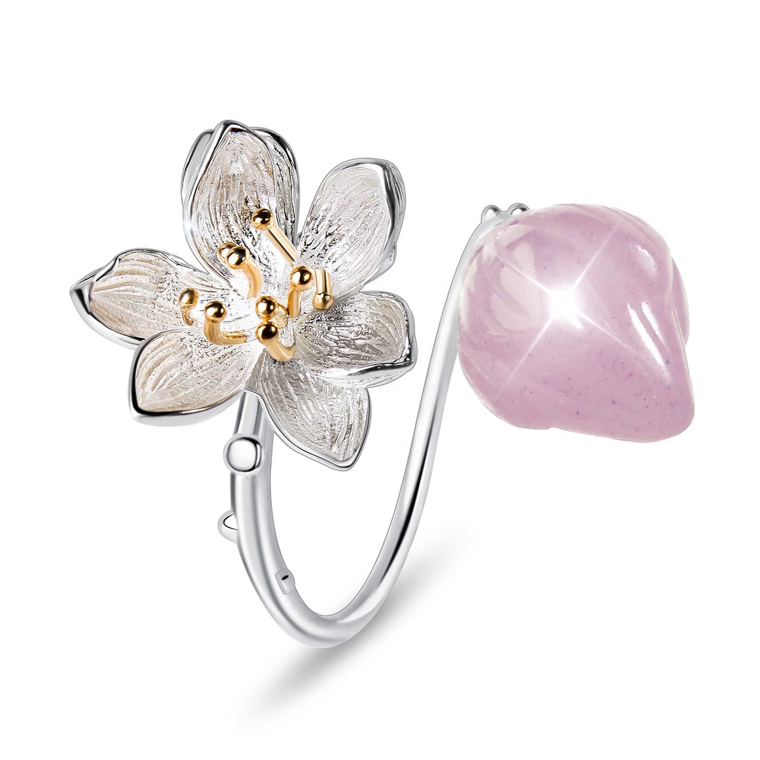 Designer Handmade Gemstone Ring Natural Aventurine Stone with Flower in 925 Sterling Silver Adjustable Ring Size Women Fine Jewelry - PremiumPearl