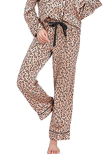 Serenedelicacy Women's Satin Pajama Set 2-Piece Sleepwear Loungewear Long Sleeve Button Down Silky PJ Set (Medium, Tan/Black/Ivory, Leopard)