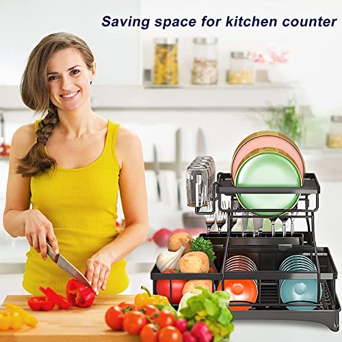 etship Dish Drying Rack with Drainboard Set, Stainless Steel 2 Tier Large Dish Racks for Kitchen Counter, Dish Drainer with Utensil Holder, Dish Strainers with Extra Drying Mat (Black)