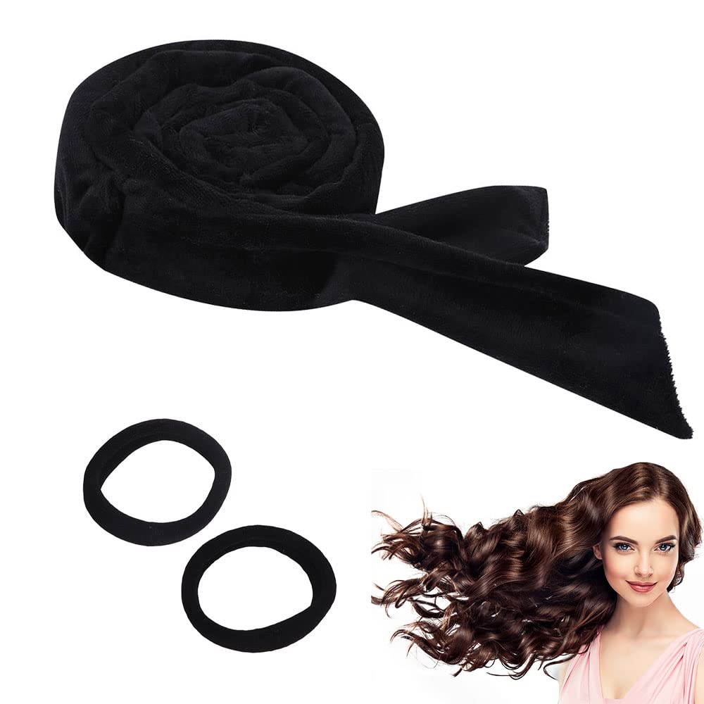 Heatless Curling Rod Headband, No Heat Curl Ribbon with Hair Clips and Scrunchie, Sleeping Curls Ribbon Hair Rollers,Natural Soft Wave DIY Hair Rollers Styling Tool (Black)
