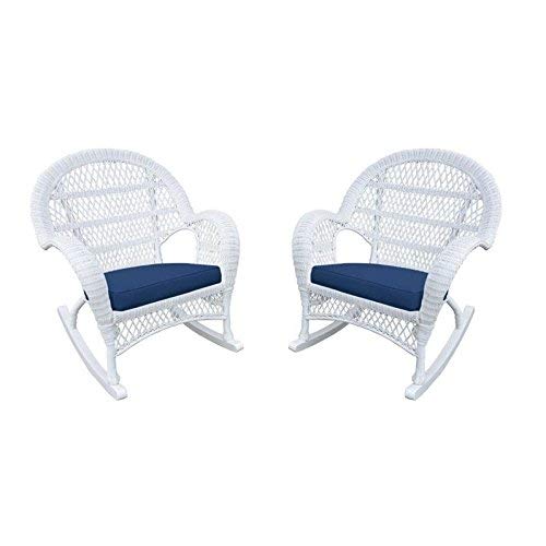 Jeco Wicker Rocker Chair with Blue Cushion, Set of 2, White