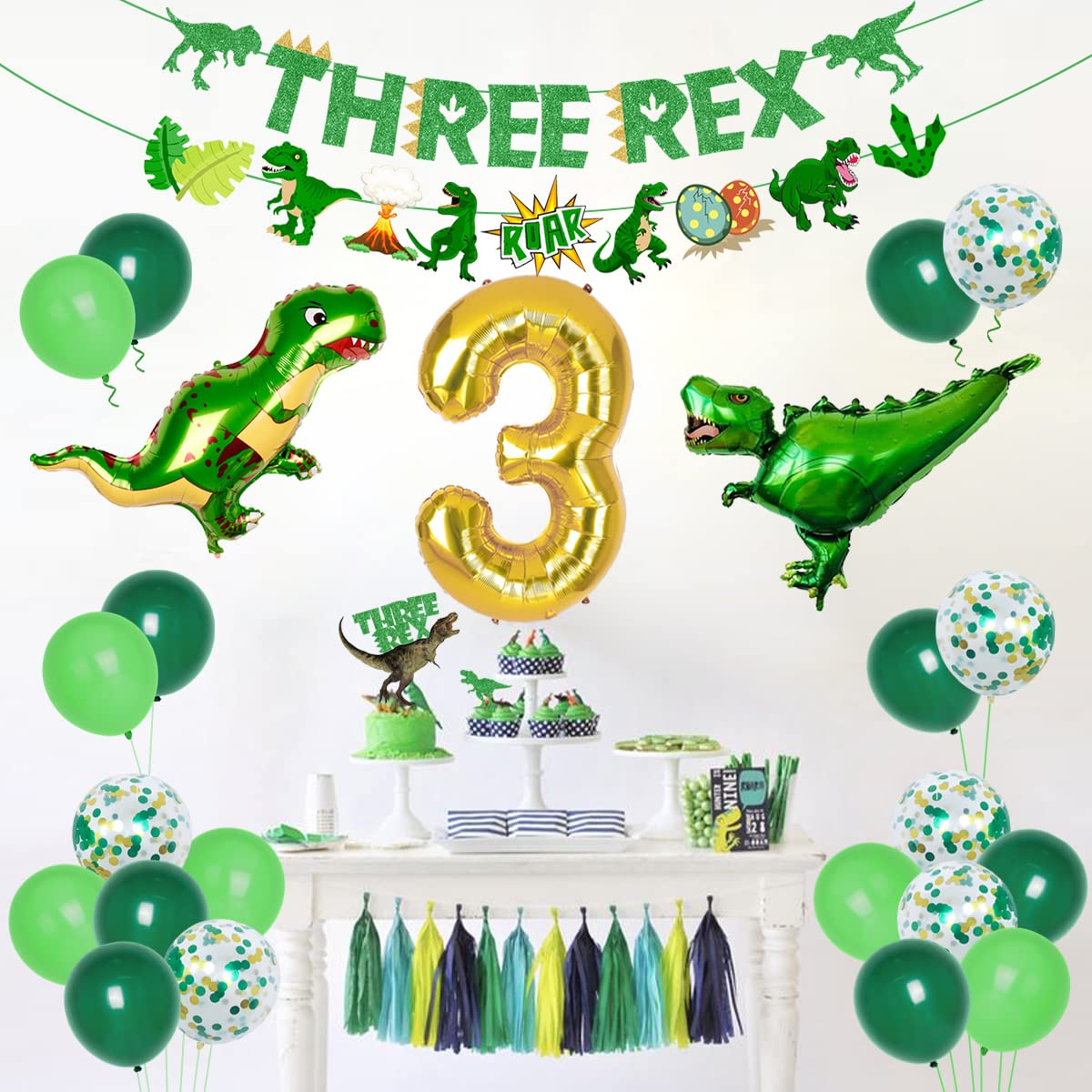Dinosaur 3rd Birthday Decorations, 3 Rex Birthday Party Supplies - Three Rex Banner, Cake&Cupcake Toppers, Dinosaur Balloons,Temporary Tattoos for Roar I’m 3 Boys Girls Birthday