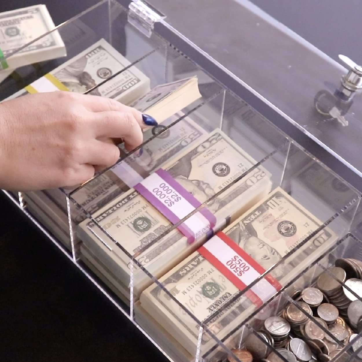 Clear Currency Tray, 5 Compartment Cash Organizer Money Storage Box, 300 Currency Wrappers Included