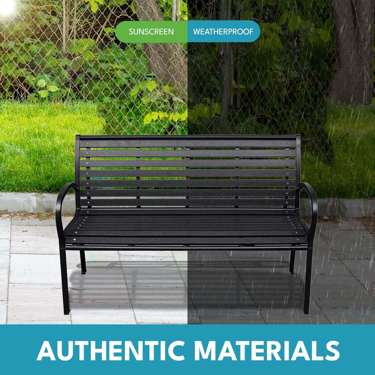 FunMay Patio Bench, Black Steel and WPC, Durable Outdoor Seating