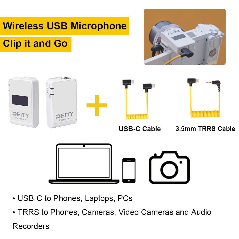 Deity Pocket Wireless Microphones 2.4Ghz Pocket Wireless System Lavalier Microphone with OLED Display for Vlog Video Interview YouTube Facebook Live DSLR Camera Smartphone Tablet (White)