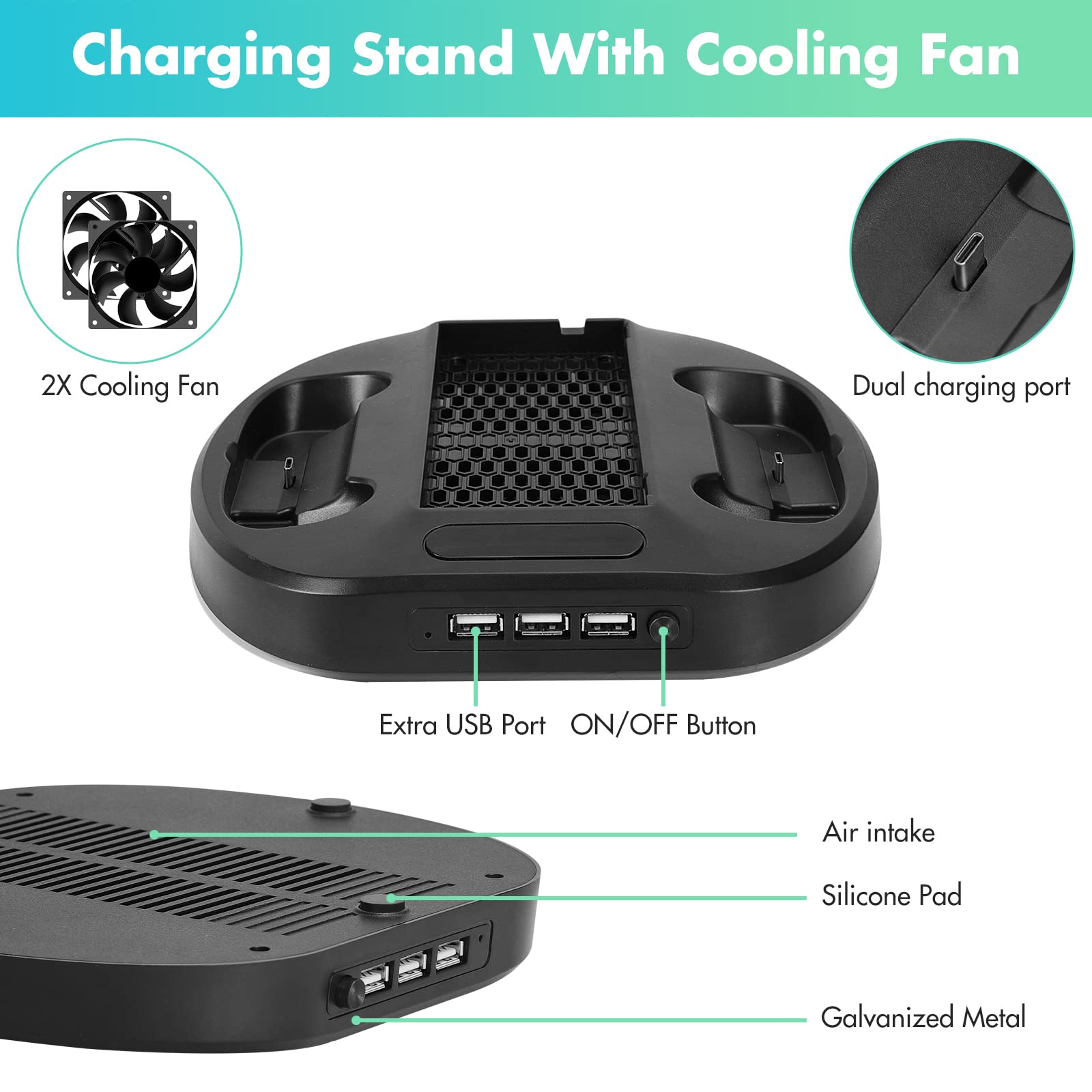 Cooling Stand Compatible with Xbox Series S, Cooling Fan with Dual Controller Charger Ports, Charging Station Dock, LED Indicator, 3 USB Ports, Black