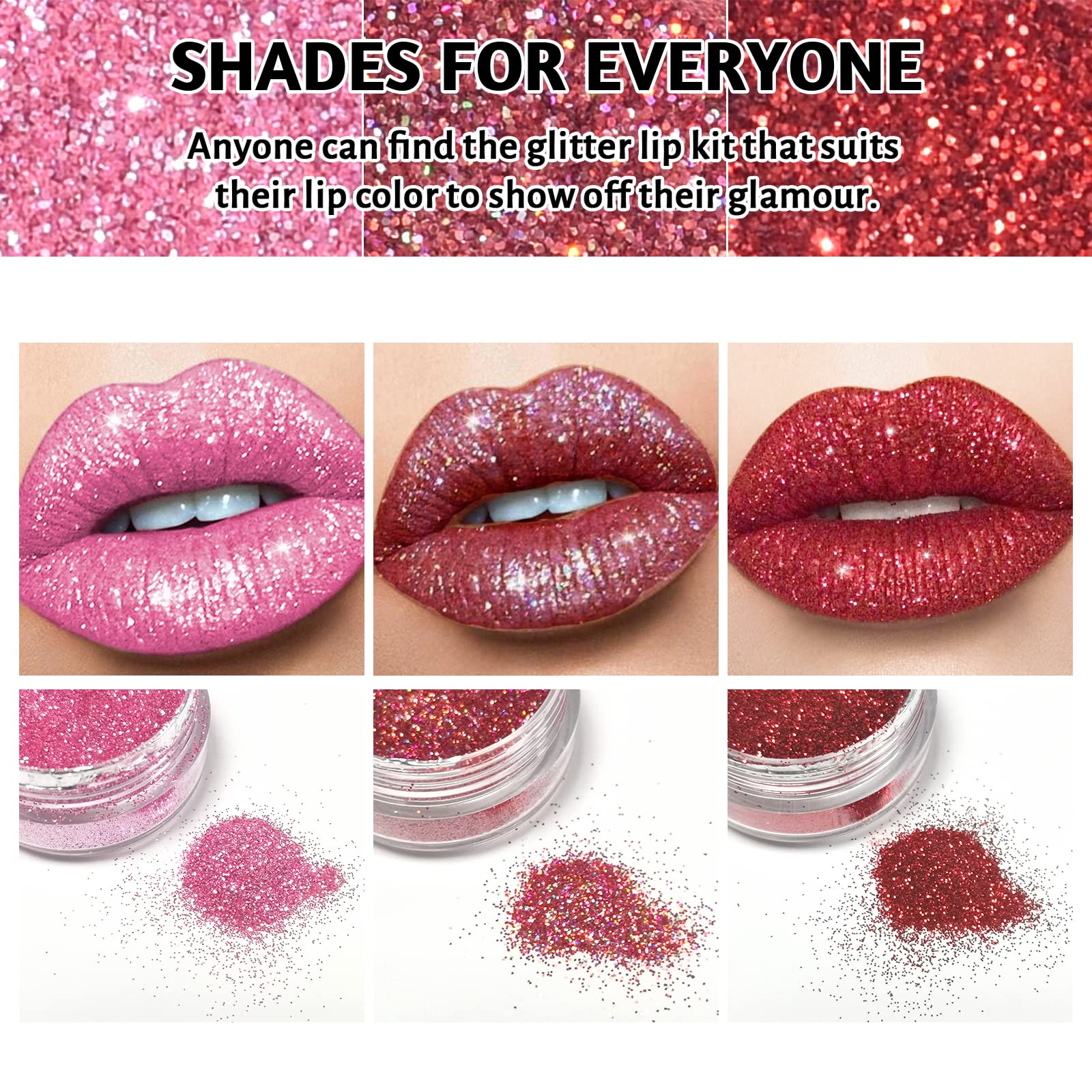 FREEORR 3 Colors Glitter Lip Kit, Diamond and Glitter Metallic Lip Powder with Lip Primer, Waterproof Long Lasting & Smudge Proof, Upgrade Version Glitter Lip Cosmetic without Sticky Flake Off Set B