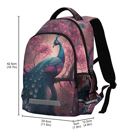 NFMILI Peacock Pink Flower Kids Backpack Lightweight Middle School Elementary Bookbags for Boys Girls School Bag with Chest Strap 11.6 X 6.9 X 16.7 in