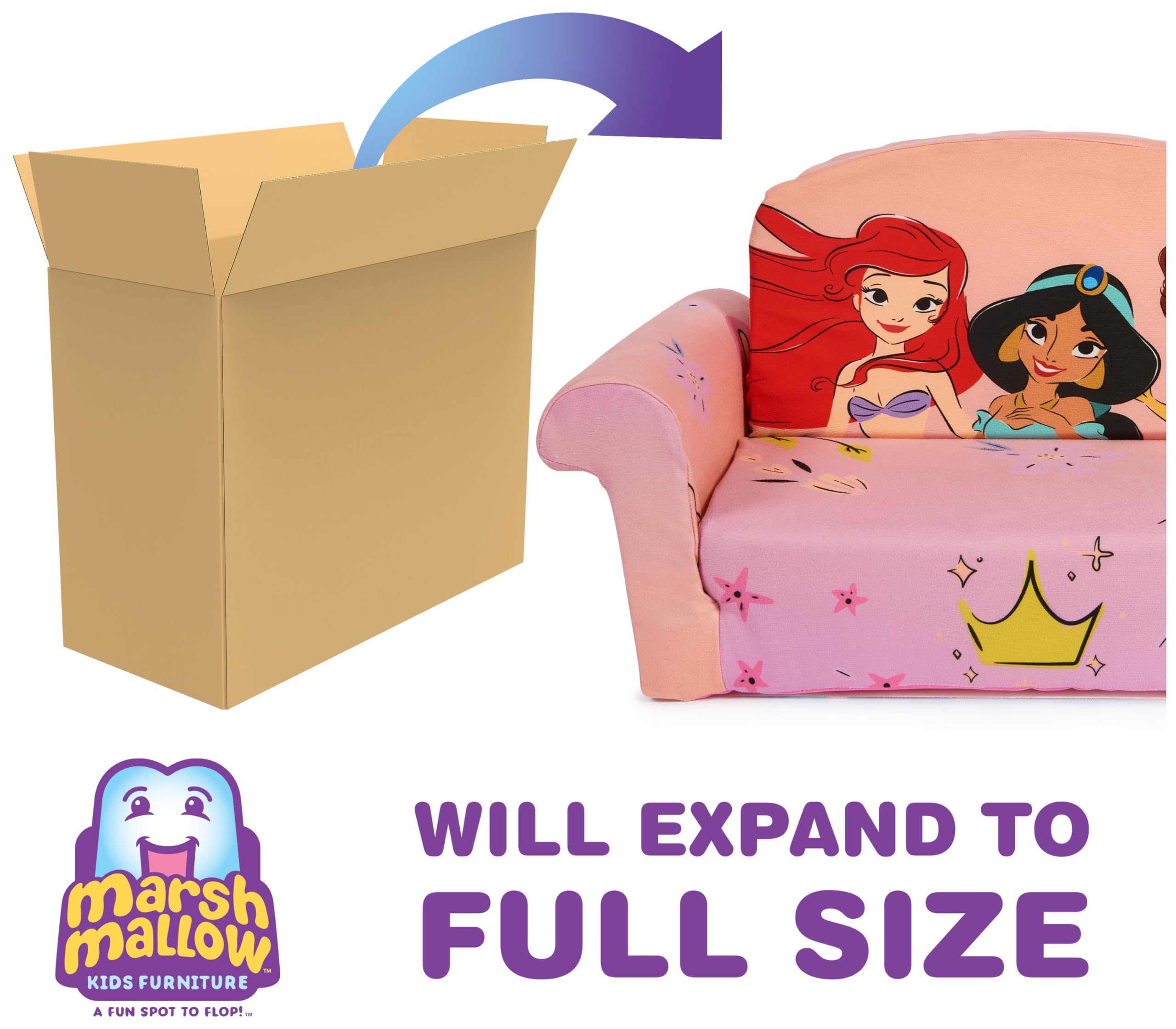 MARSHMALLOW Furniture, Disney Princess 3-in-1 Slumber Sofa, Foam Toddler Nap Mat with Attached Blanket