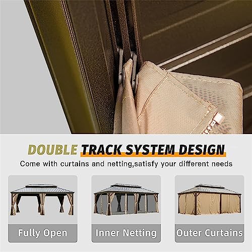 Jaxenor Outdoor Aluminum Frame Canopy - 12'x18' Hardtop Gazebo with Galvanized Steel Double Roof - Permanent Metal Pavilion for Patio, Backyard, and Lawn - Includes Curtains and Netting - Brown
