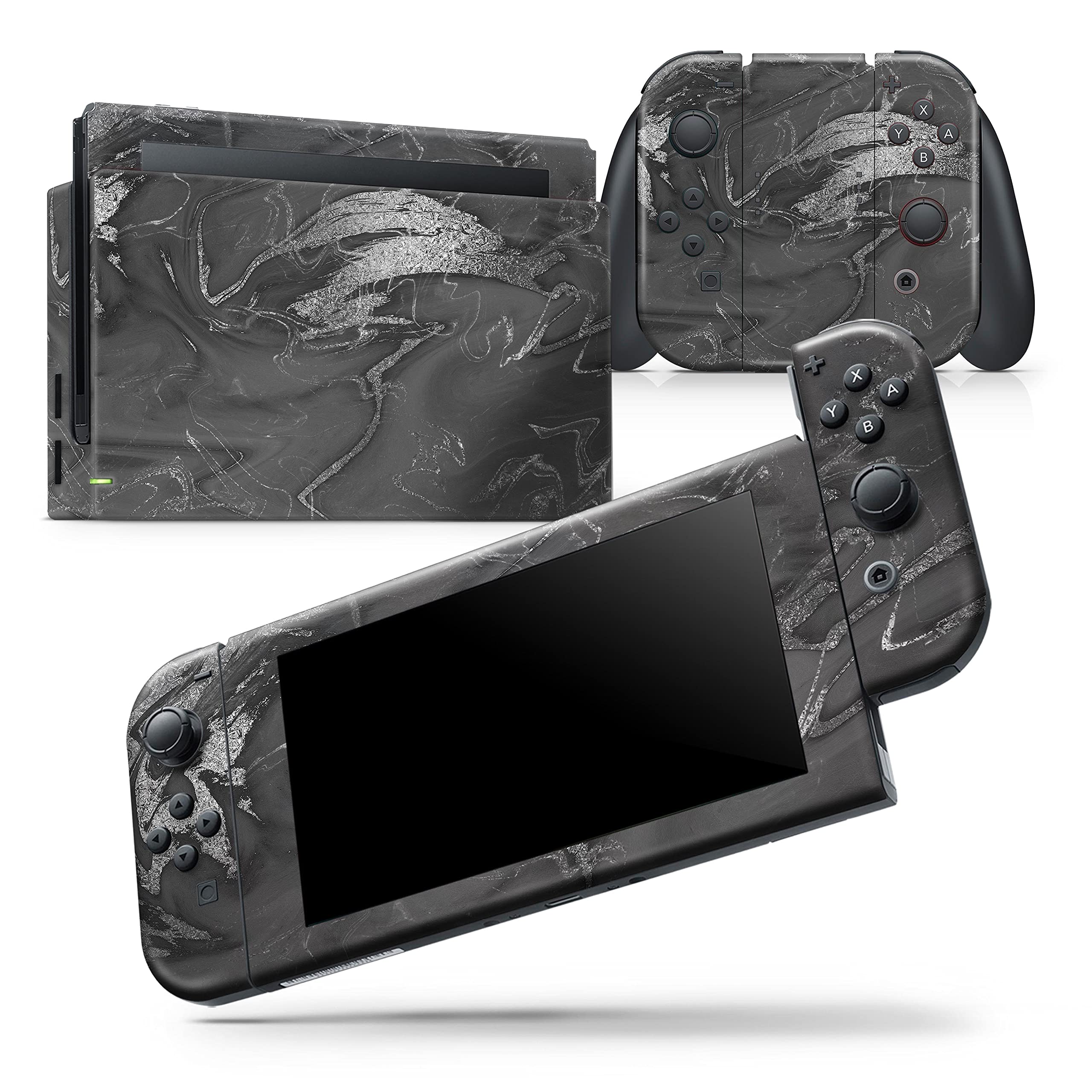 Design Skinz - Compatible with Nintendo Switch OLED Dock Only - Skin Decal Protective Scratch-Resistant Removable Vinyl Wrap Cover - Black & Silver Marble Swirl V7