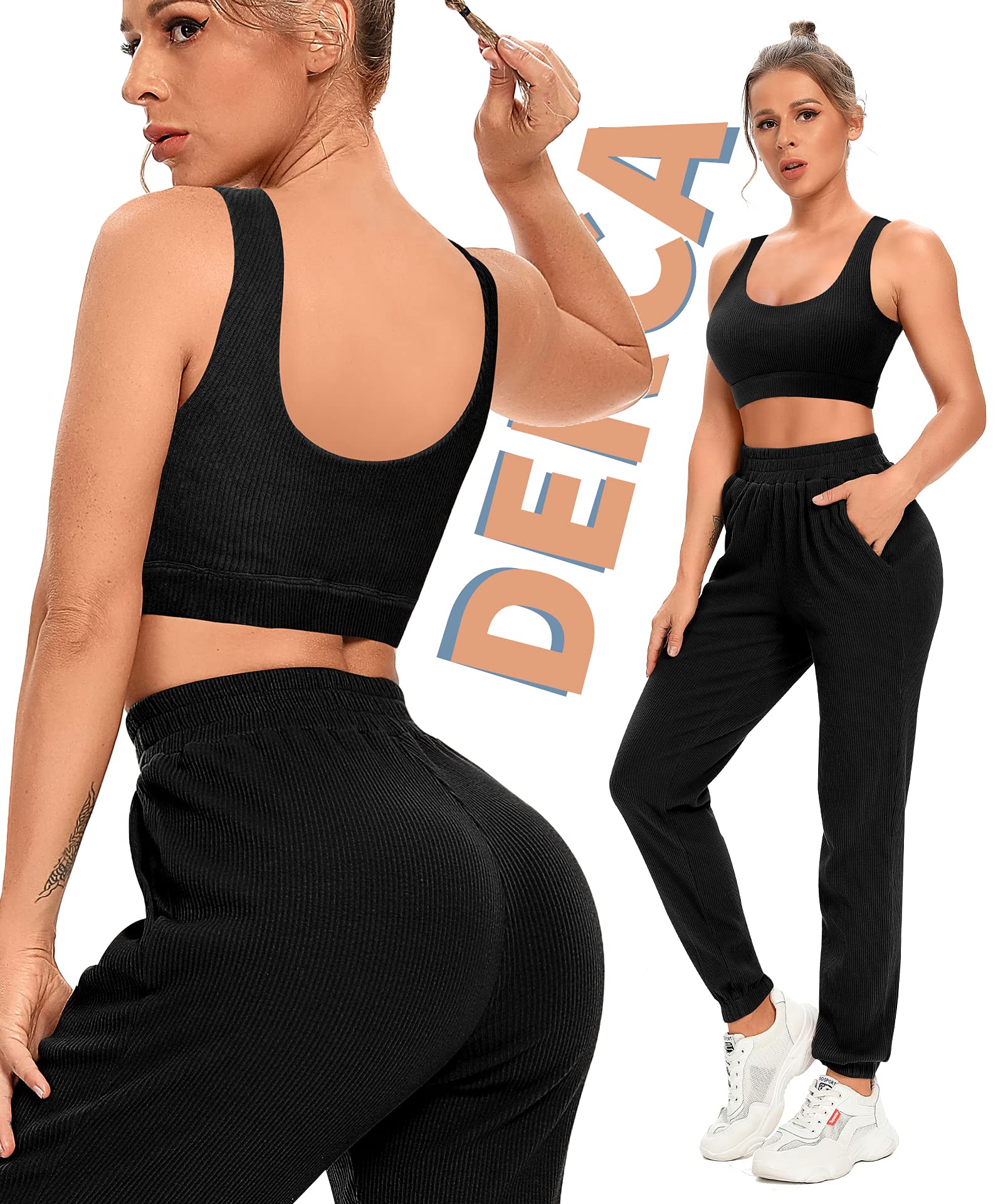 DERCA Two Piece Workout Outfits for Women Jogger Sweatpants Sets with Pockets Ribbed Sports Bra Gym Activewear (#1 Black,Medium)