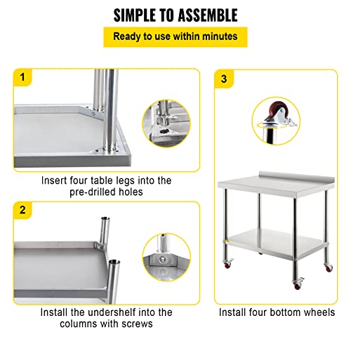VEVOR Stainless Steel Prep Table, 24 x 15 x 35 Inch, 440lbs Load Capacity Heavy Duty Metal Worktable with Backsplash Adjustable Undershelf & 4 Casters, Commercial Workstation for Kitchen Restaurant