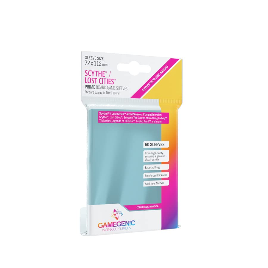Prime Board Game Sleeves | Pack of 60 Extra-Clear Sleeves | 72 by 112 mm Card Sleeves Optimized for Scythe and Lost Cities | Premium Card Protection | FFG Magenta Color Code | Made by Gamegenic