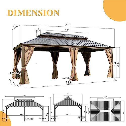 Jaxenor Outdoor Aluminum Frame Canopy - 12'x20' Hardtop Gazebo with Galvanized Steel Double Roof - Brown Pavilion for Patio, Backyard, and Lawn - Includes Curtains and Netting