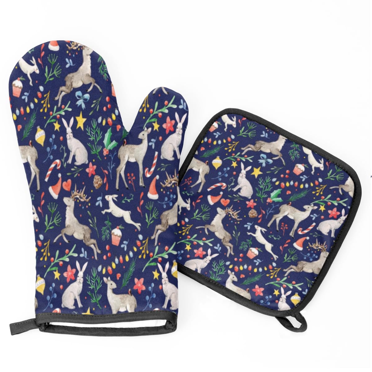 Christmas Deer Oven Mitts and Pot Holders Sets of 2 Heat Resistant Non-Slip Kitchen Gloves Hot Pads with Inner Cotton Layer for Cooking BBQ Baking Grilling