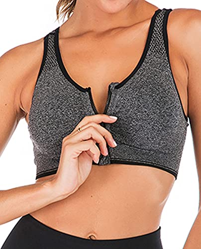 FLORATA Sports Bras for Women Zip Front Sports Bra Wireless Post-Surgery Bra Removable Cups Yoga Sport Bra