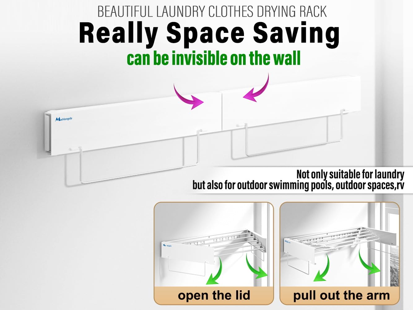 MaiHongda Invisible Wall Mounted Laundry Clothes Drying Rack Clothing Retractable Wall Hanger Collapsible Hanging Towel Holder for Laundry Bathroom Indoor/Outdoor(White,5 Rods,32")