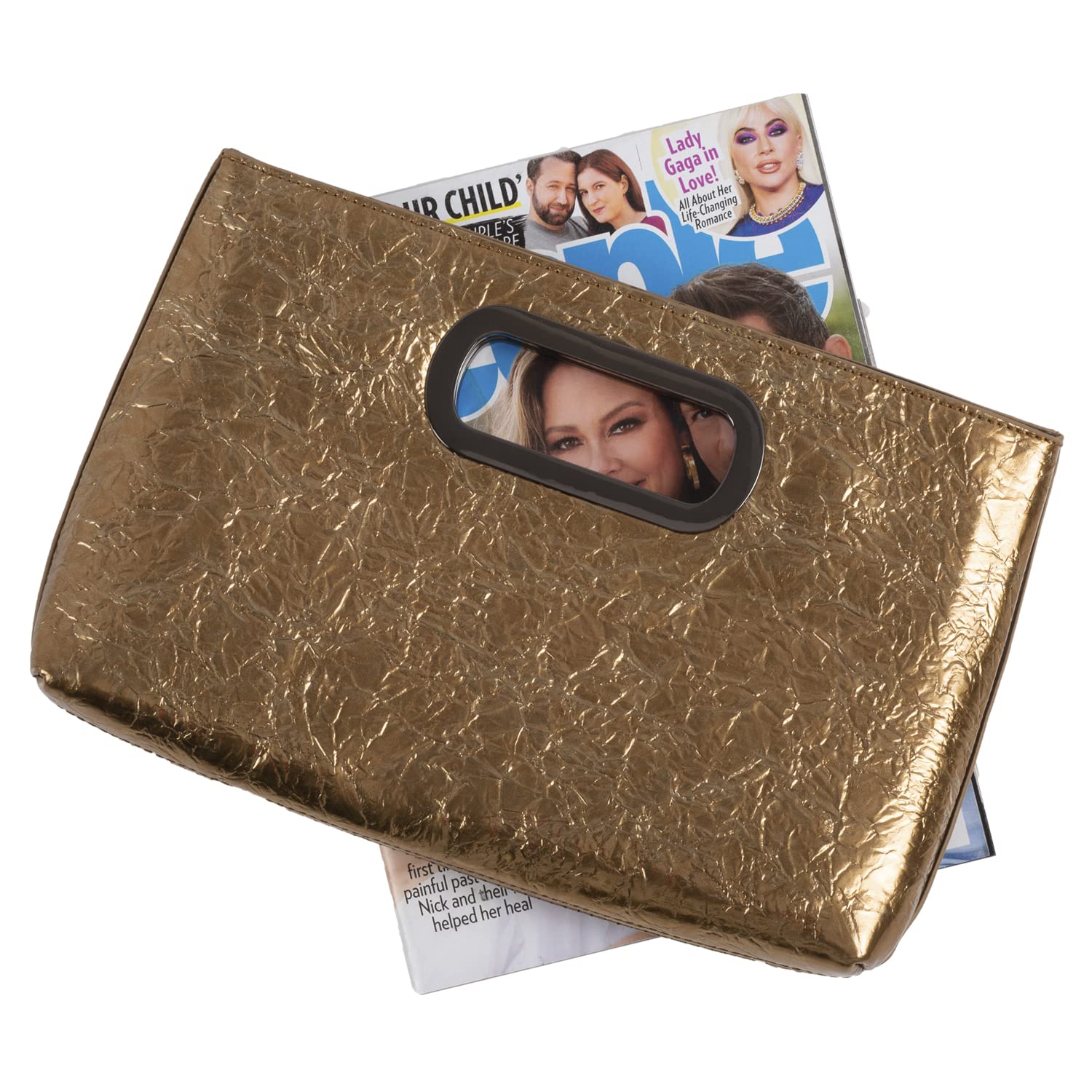 Crushed Metallic Top Handle Clutch, Bronze