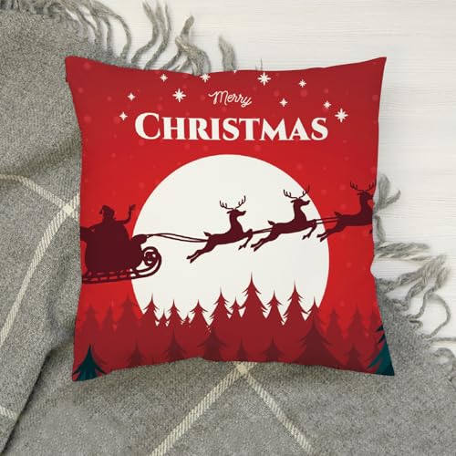 Christmas Deer Pillow Covers Moon Tree Snowflakes Animal Square Soft Linen Pack of 2 Throw Pillow Covers Home Decorative,red,18x18 Inch