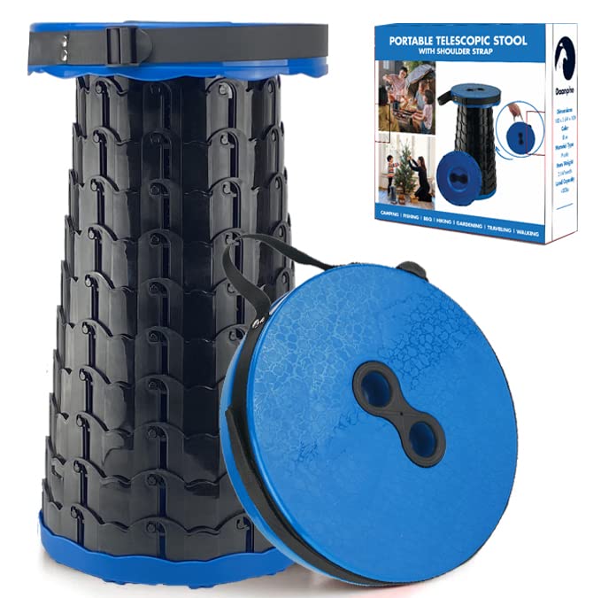 Daanphe Blue Upgraded Portable Folding Stool for Adults, Lightweight and Strudy Collapsible Stool, Retractable Telescoping seat with Adjustable Strap and Used for Camping, Fishing, Hunting, and BBQ.