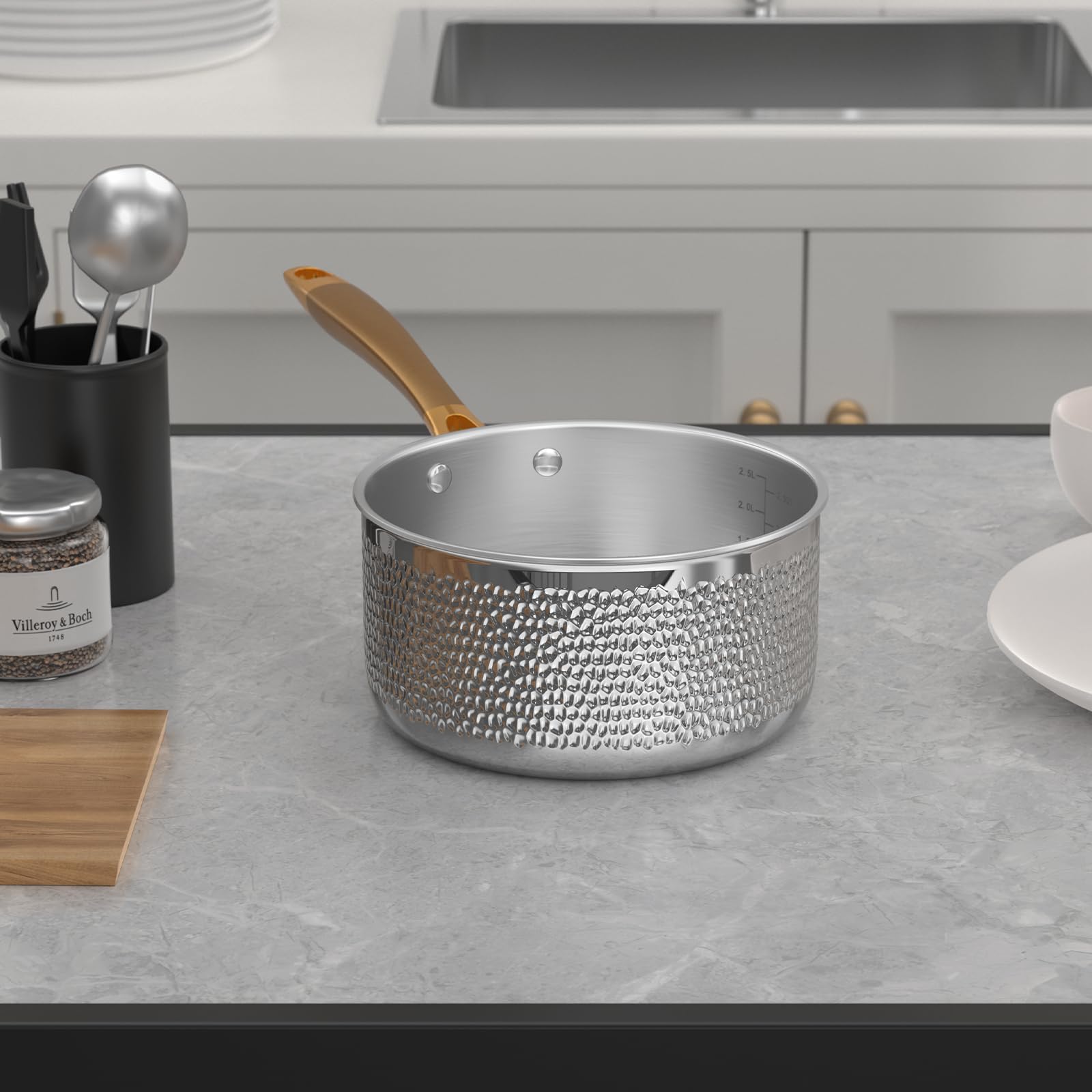 Homaz life 3-Quart Saucepan with Tempered Glass Lid, Tri-Ply Stainless Steel Cookware, Induction Ready, Compatible with All Cooktops, Dishwasher Safe, Non-Toxic, Gold-Colored Stay-Cool Handle