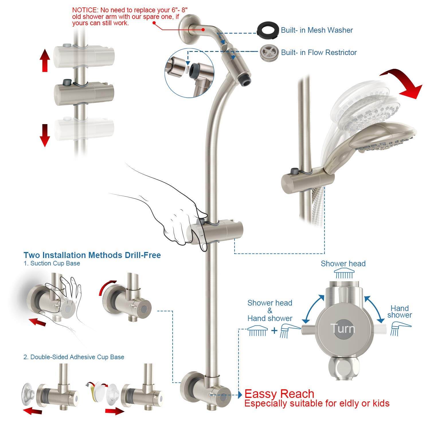 Egretshower Handheld Showerhead & Rain Shower Combo for Easy Reach, 27.5" Drill-free Stainless Steel Slide Bar, 5”of 5-setting Handheld Shower and Showerhead, with 5ft Hose -Brush Nickel