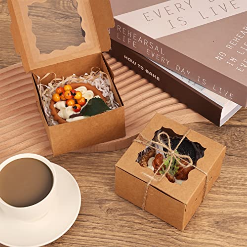 Moretoes 30 Pack Mini Cookie Boxes 4 Inch Bakery Boxes with 66ft Twine Small Brown Kraft Cake Boxes with Window for Cupcakes, Pies, Donuts(4x4x2.5 Inch)