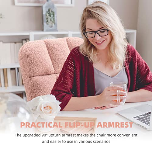 SEATZONE Pink Home Office Desk Chairs with Flip-up Armrest, Faux Fur, Fuzzy Computer Rolling Chair with Wheels, Adjustable Backward Tilt