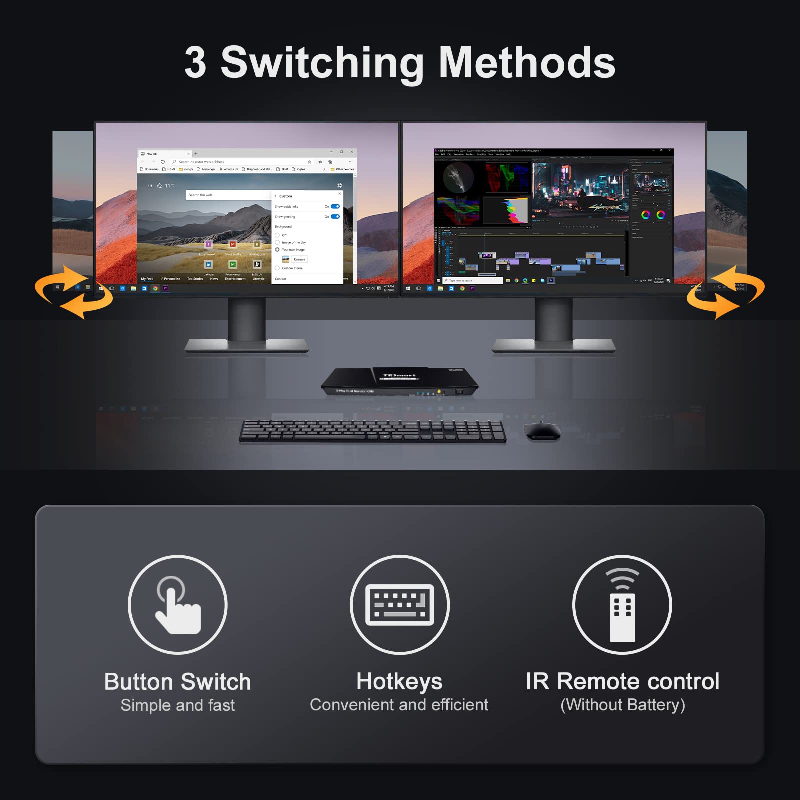 DisplayPort and HDMI KVM Switch 2 Monitors 2 Computers, TESmart 4 Port Dual Monitor KVM Switcher, 4K@60Hz, L/R Out, Keyboard Mouse PC Selector Box with All Input Cables (Black)