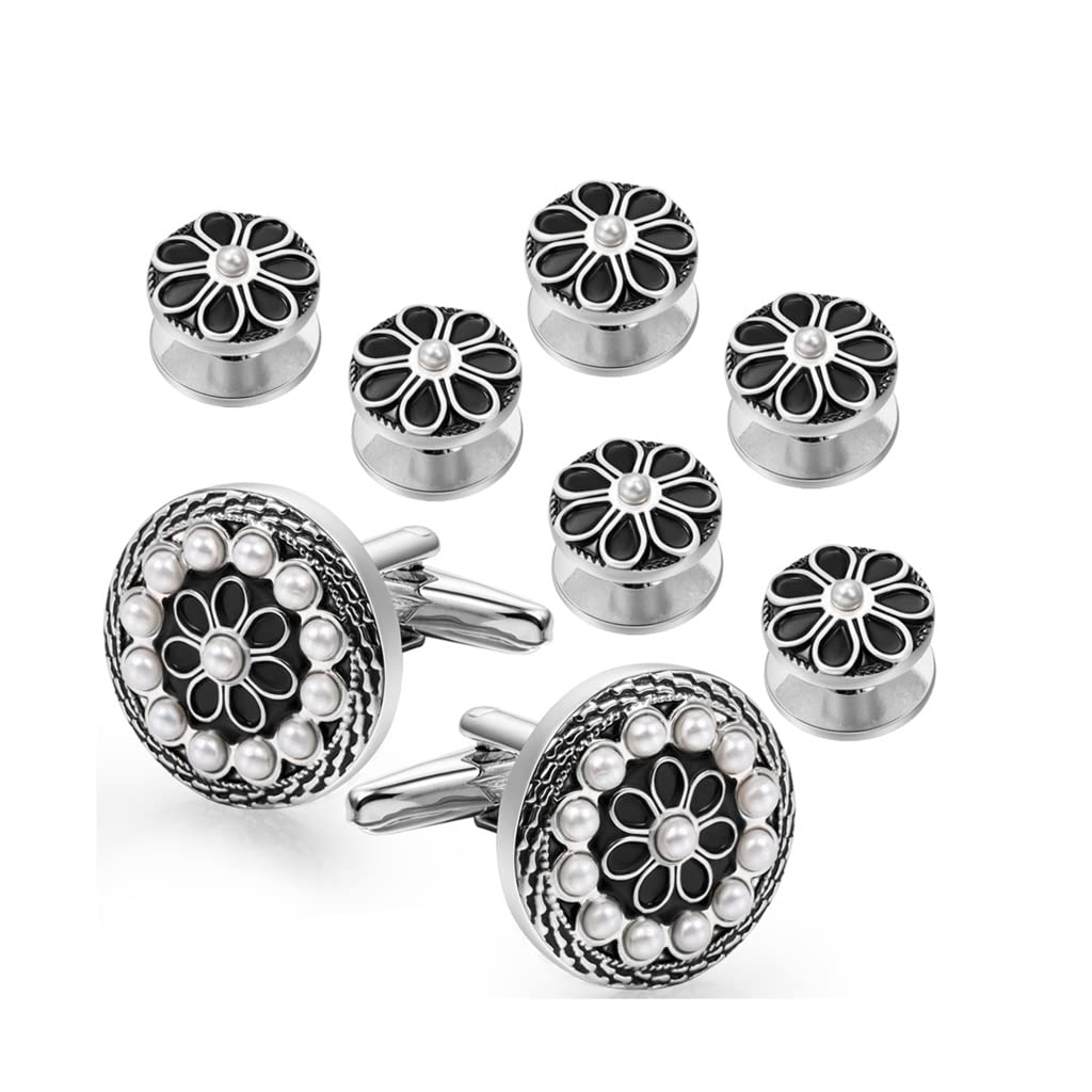 Flower Cufflink and Studs for Men Round Black Enamel&Pearl Cuff Links Set Tuxedo Shirt Studs with (Color : A, Size : Same Size) (A Same Size)