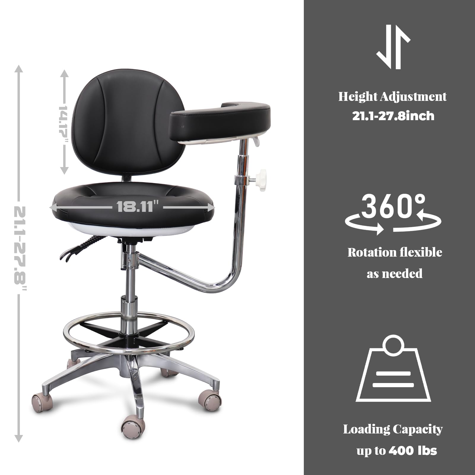 LIMKOMES Dental Assistant Chair Microfiber with Rotatable Armrest Rolling Medical Chair Ergonomic Swivel Seating Back Support Dentist Stool for Clinics, Dental Offices, Labs-Black, Standard