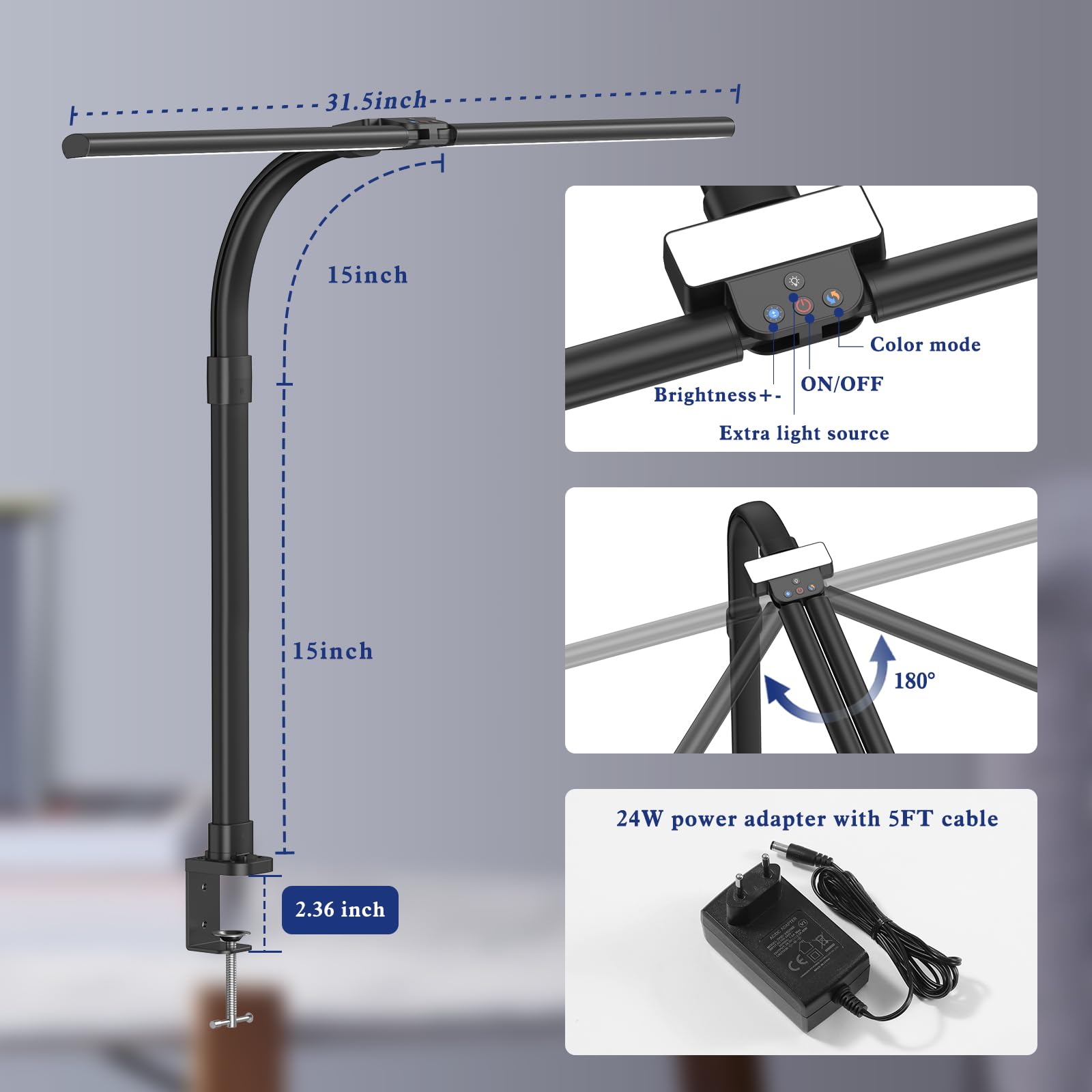 CJJFACA Desk Lamp for Home Office, 24W LED Desk Lamp with Clamp - 25 Lighting Modes Dimming Workbench Light with Flexible Gooseneck, Eye Protection Modern Desk Lamp for Reading Study Monitor Drafting