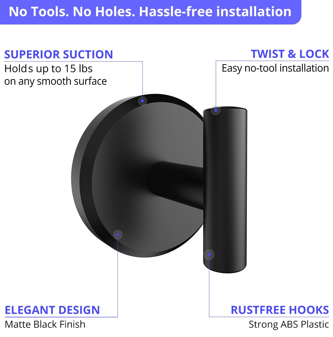 HOME SO Suction Cup Hooks T Shape for Shower, Bathroom, Glass Door, Mirror, Tile β Loofah, Towel, Coat, Bath Robe Hook Holder for Hanging up to 15 lbs β Waterproof & Rustproof, Black Matte (2-Pack)