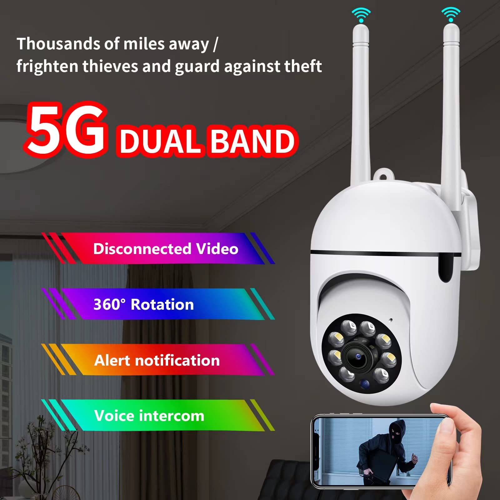 Home Security Camera WiFi 2.4G / 5G Motion Activated Color Night Vision PTZ Wide Angle Surveillance Multi-User P2P Remote Access CCTV Card or Cloud Storage Wired Indoor