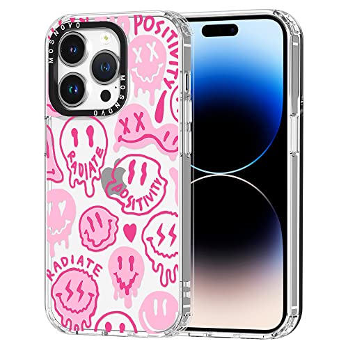 MOSNOVO Compatible with iPhone 14 Pro Case, [Buffertech 6.6 ft Drop Impact] [Anti Peel Off Tech] Clear TPU Bumper Phone Case Cover Pink Smiles Positivity Radiate Face Designed for iPhone 14 Pro 6.1"