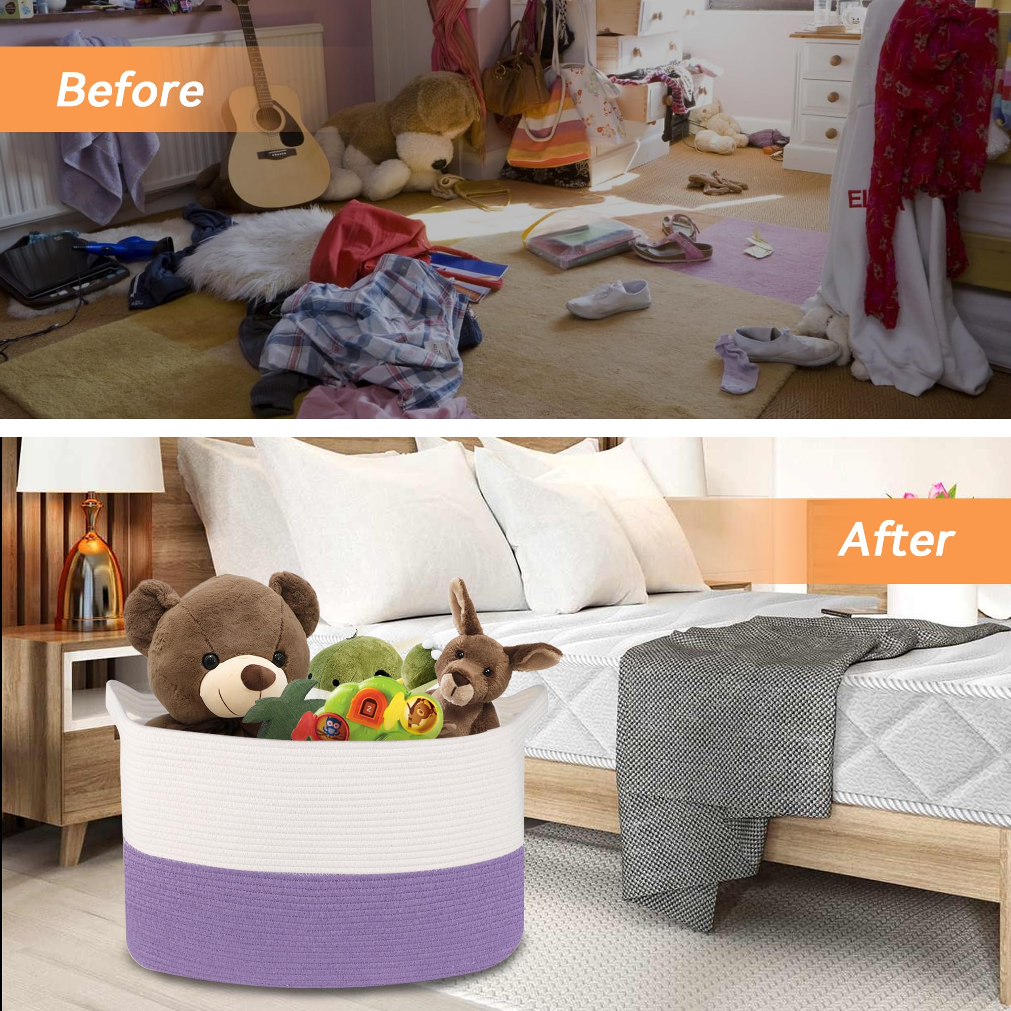 Comfymon 22'' x 17'' x 12'' Large Storage Baskets, Rectangle Woven Baskets for Storage, Baby Nursery Storage Basket for Books, Toys, Towels, Blankets, Purple
