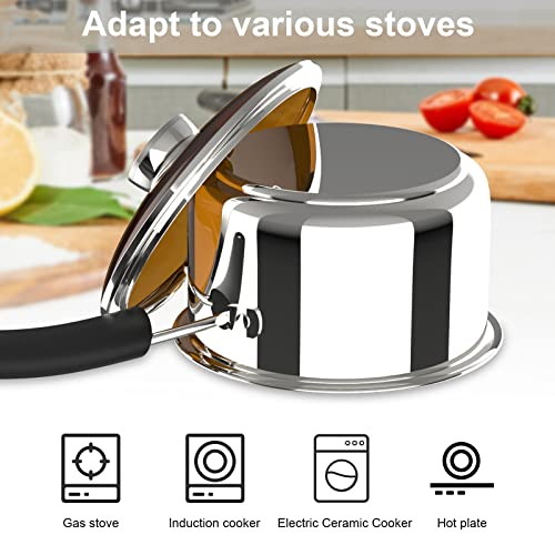 HOXHA Sauce Pot, 1.5 Quart Nonstick Saucepan, Stainless Steel Saucepan with Lid, Universal Milk Pot, Multipurpose Pot for Kitchen Home Restaurant Black