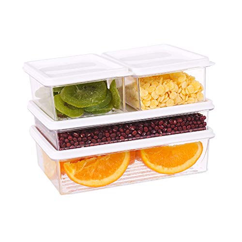JCXivan 4 Refrigerator Organizer Bins with Lids , Meal Prep Containers Reusable, Food Storage for Kitchen Fridge Organizing Sliced Cheese,Fruit,Bacon, Plastic Stackable ,White+Clear
