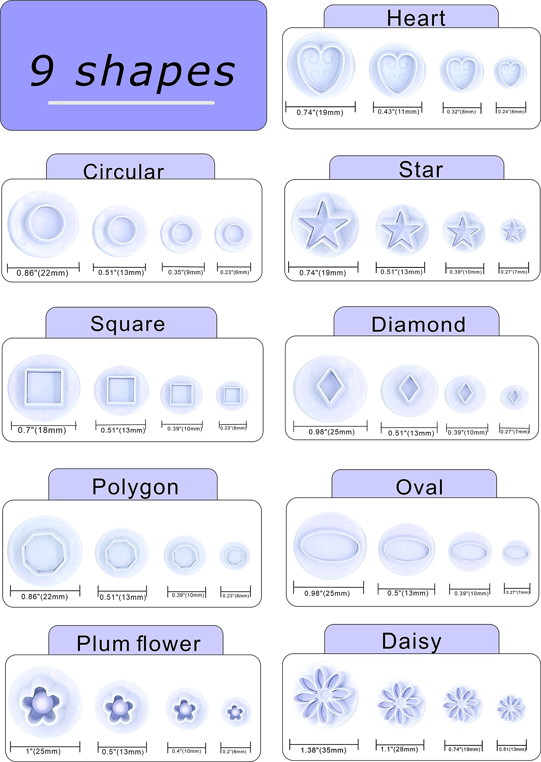 Fondant Cutters,Mini Plunger Cutter Cake Decorating Supplies,36pcs,Heart/Square/Oval/Circular/Polygon/Star/Diamond/Sunflower/Plum Flower,White