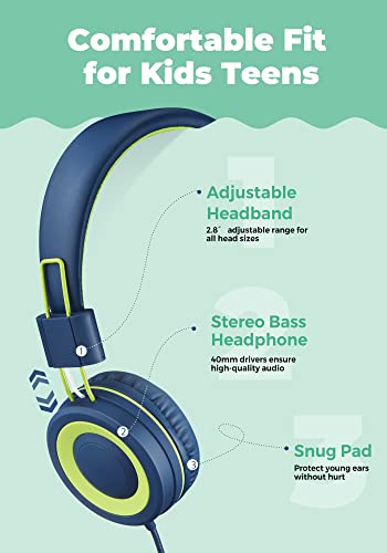 WeDuet Kids Headphones with Microphone, Wired Headphones for Kids Teens with Sharing Splitter, 91dB Safe Volume Limited Tangle-Free Foldable Stereo Headset for School Travel PC Kindle(2 Packs)