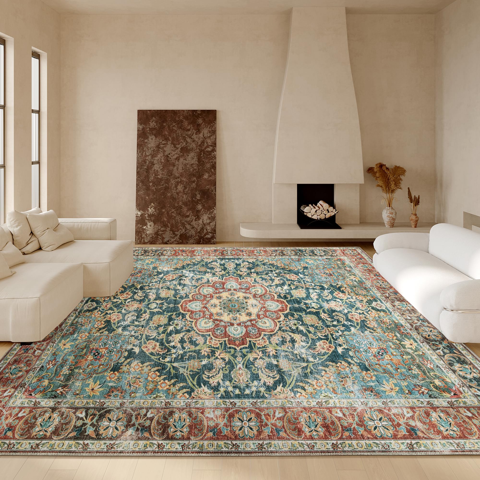 HOMBYS 10x14 Vintage Area Rug for Living Room Bedroom, Large Boho Floor Carpet with Non-Slip Backing for Indoor Office Dining Room, Traditional Home Deco Non-Shedding, Blue Red, Machine Washable