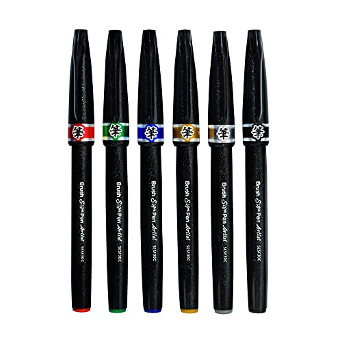 Pentel Arts Sign Pen Micro Brush, Assorted Ink, (A/B/C/D/E/G) 6-pk (SESF30BP6M) ,Black