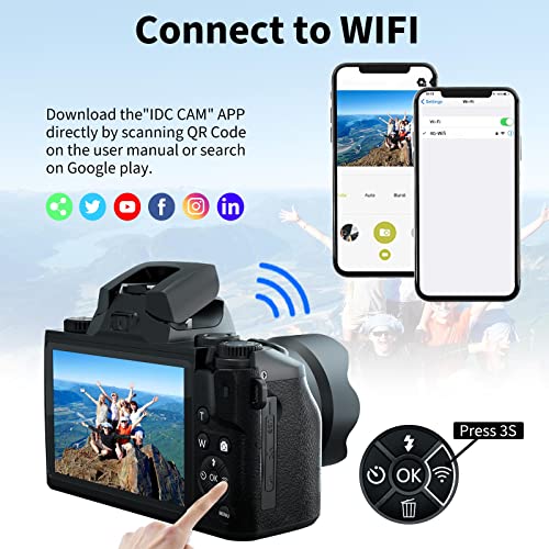 VJIANGER Digital Camera 4K Vlogging Camera 64MP Mirrorless Cameras for Photography with Dual Camera, WiFi, 52mm Fixed Lens, 4.0" Touch Screen, 32GB SD Card & Camera Bag(W05-Black2)