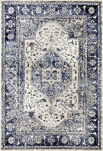 Persian-Rugs Distressed Ivory 5x7 Area Rug, Blue French Country Rug for Living Room and Kitchen
