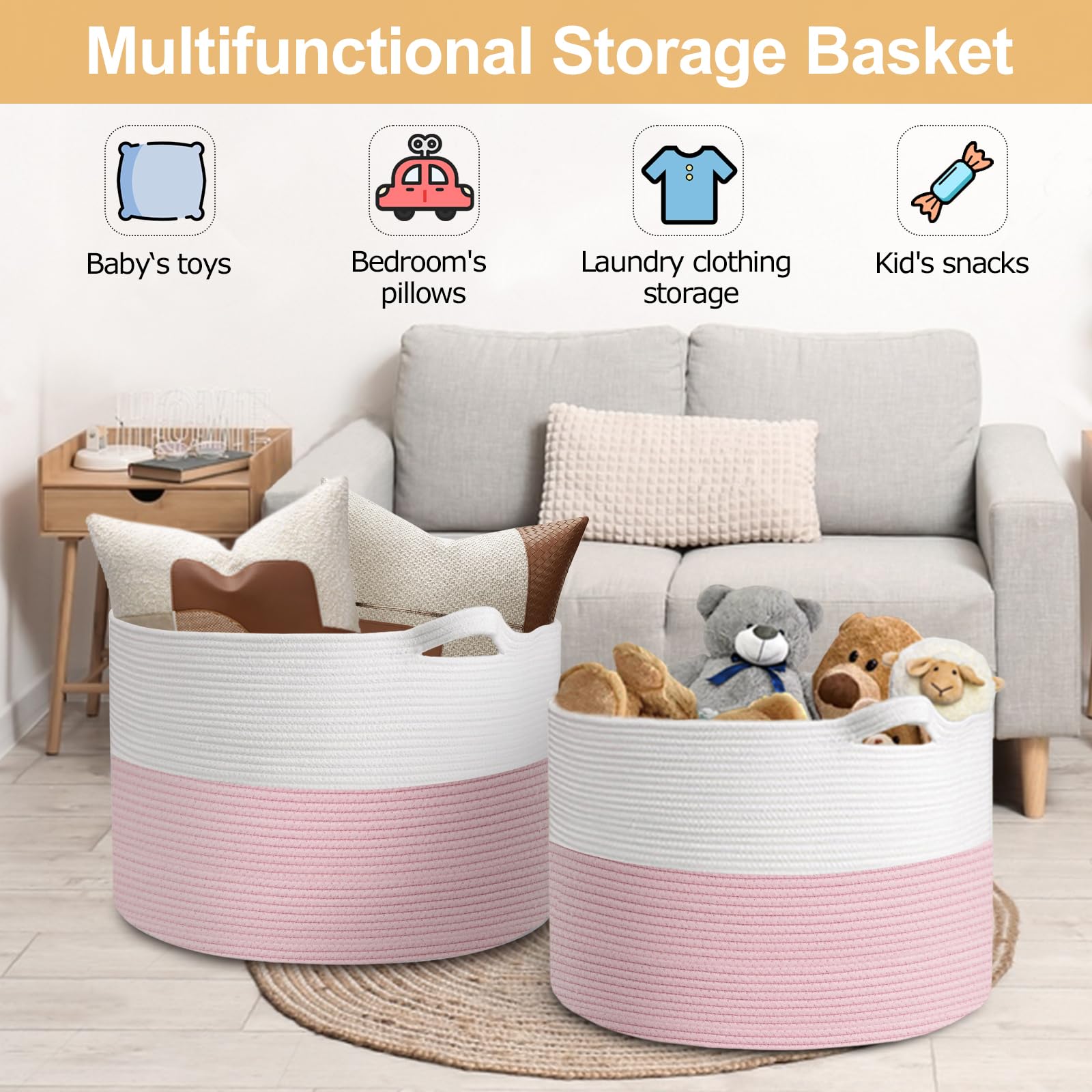 Comfymon Large Blanket Basket, 22" x 22" x 14" Woven Baby Laundry Blanket Basket Toy Basket with Handle, Kids Dog Toy Storage Baskets Organizer Bins, Blanket Storage for Living Room, Pink