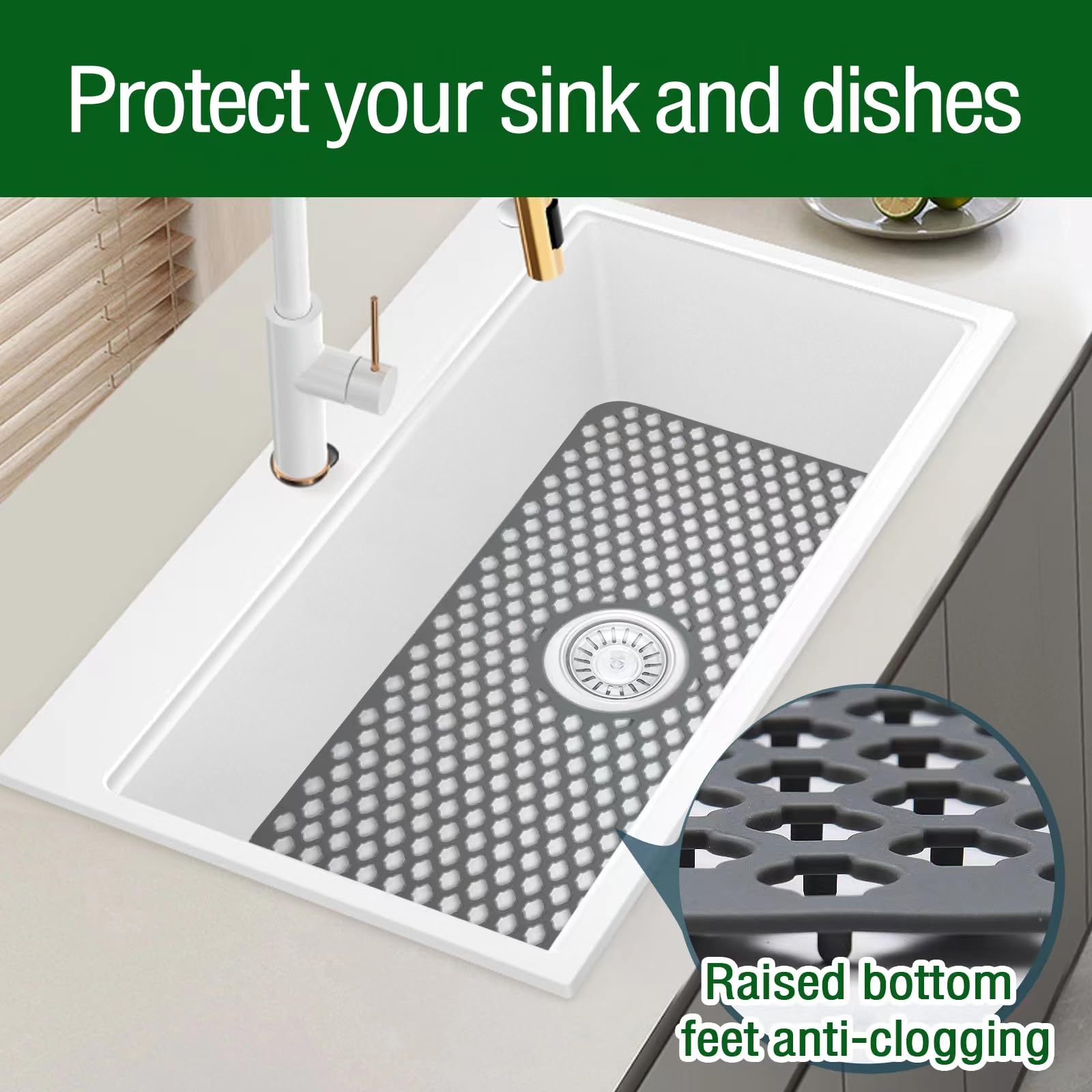 Sink Protector for Kitchen Sink,24.5''x12.9'' Silicone Sink Mat Grid Accessory for kitchen sink with Center Hole Nonslip Heat Resistant for Bottom of Farmhouse Stainless Steel Porcelain Sink