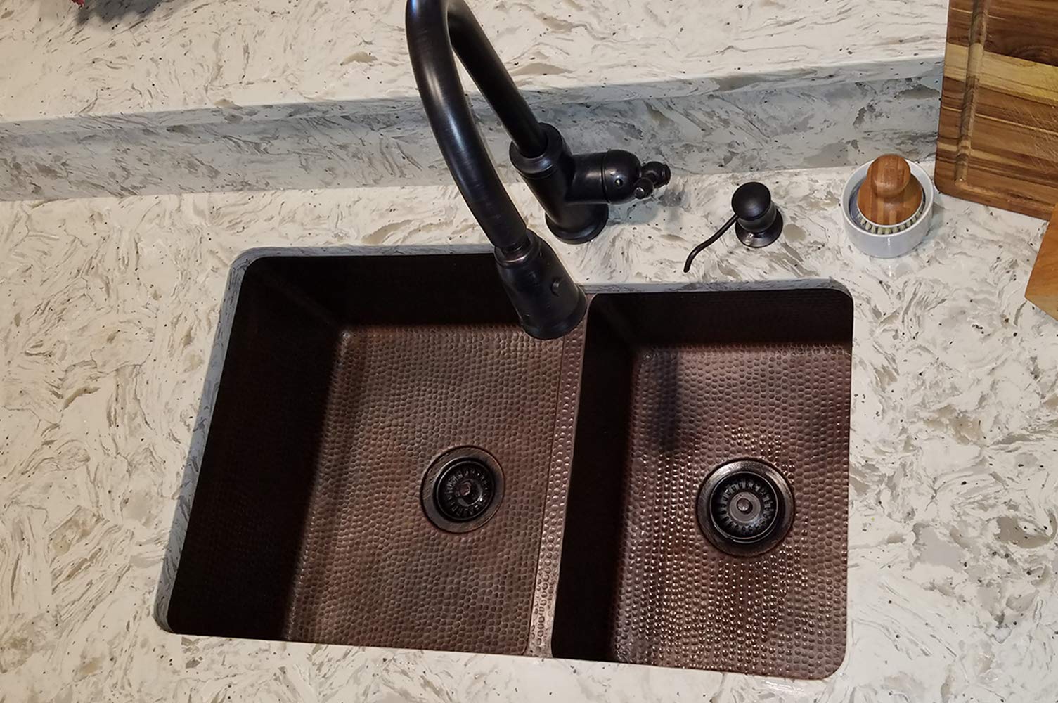 Premier Copper Products K60DB33229 33-Inch Hammered Copper Kitchen 60/40 Double Basin Sink, Oil Rubbed Bronze